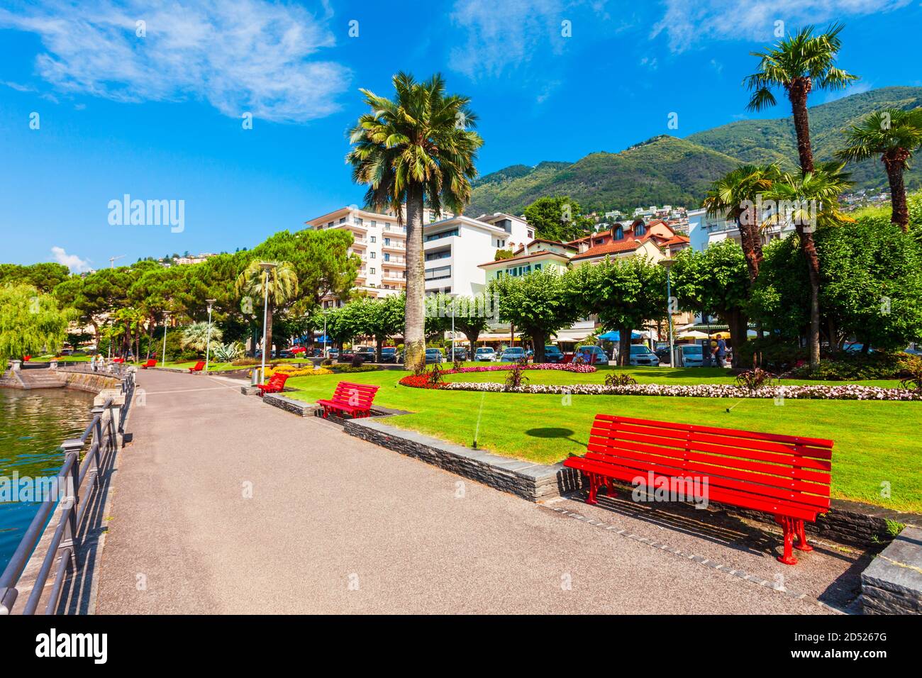 Waterfront promenade in Locarno. Locarno is a town located on the shore ...