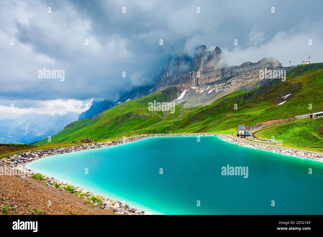 Fallbodensee lake near the Eiger, Monch and Jungfrau mountains in the ...
