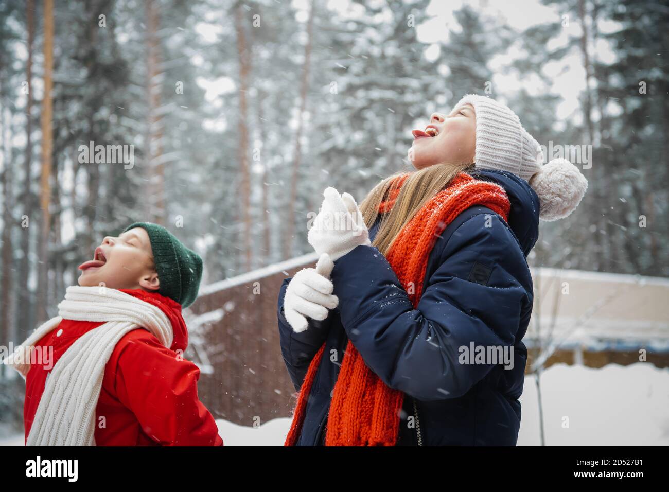 A warmly dressed brother and sister catch falling snowflakes with their ...
