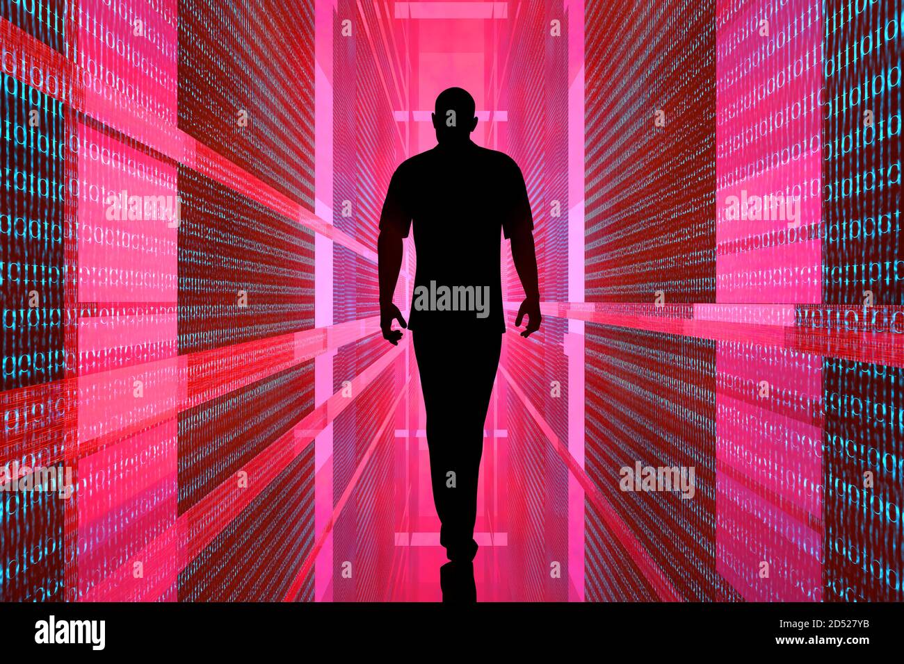 3D Illustration of a man standing between infinite lines of code ...