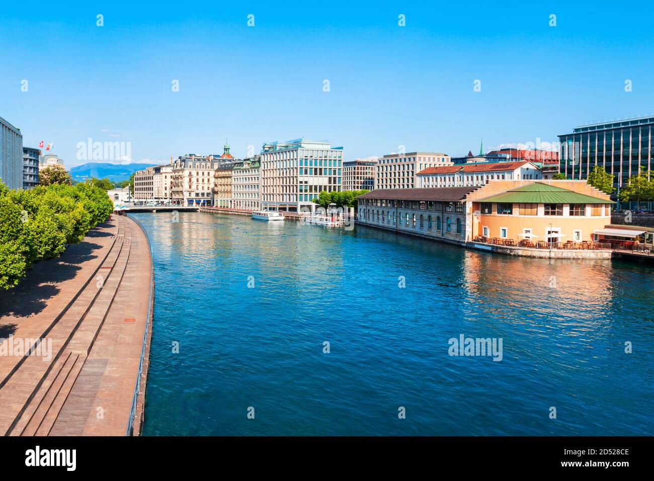 Geneva city centre aerial panoramic view. Geneva or Geneve is the ...