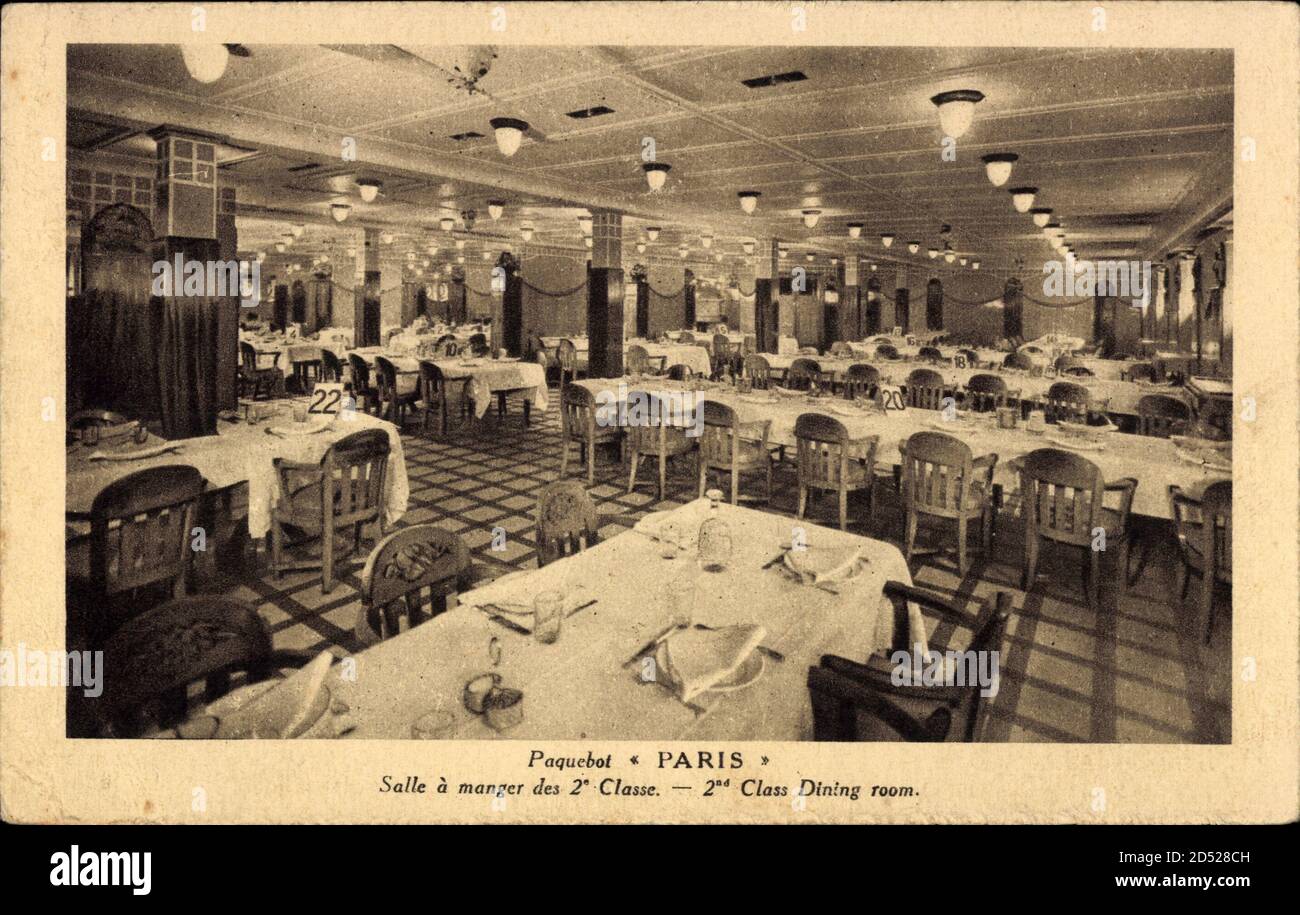 Paquebot Paris de la CGT, French Line, Salle à manger des 2e classe ...