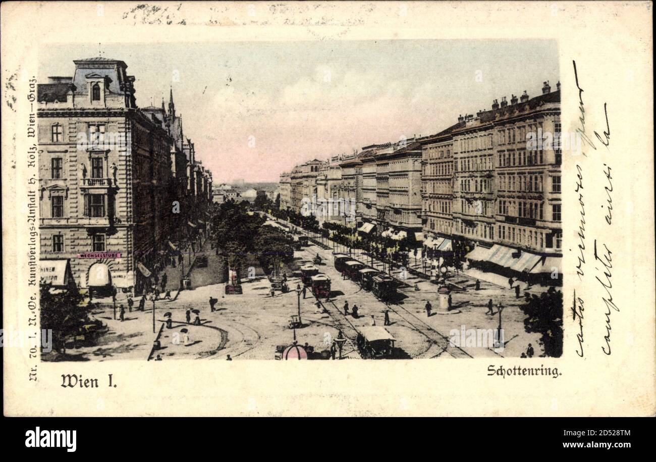 Wien 1., Blick auf den Schottenring mit Geschäften und Wechselstube ...
