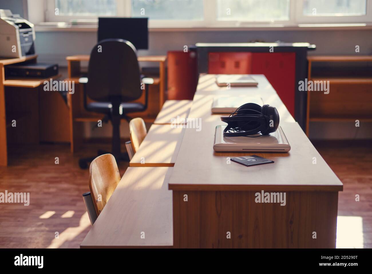 Computer class in secondary, university. Computer room is empty waiting ...