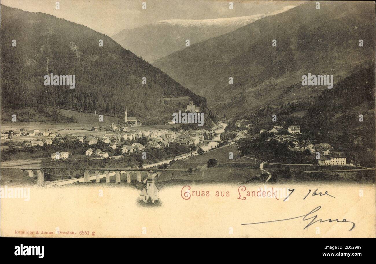 Landeck Tirol, Gesamtansicht der Stadt mit Viadukt und Kirche | usage ...