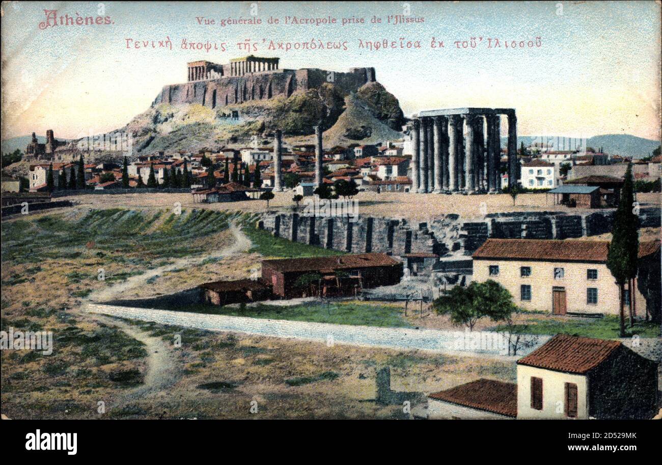 Athen Griechenland, Vue générale de l'Acropole prise de L'Ilissus ...