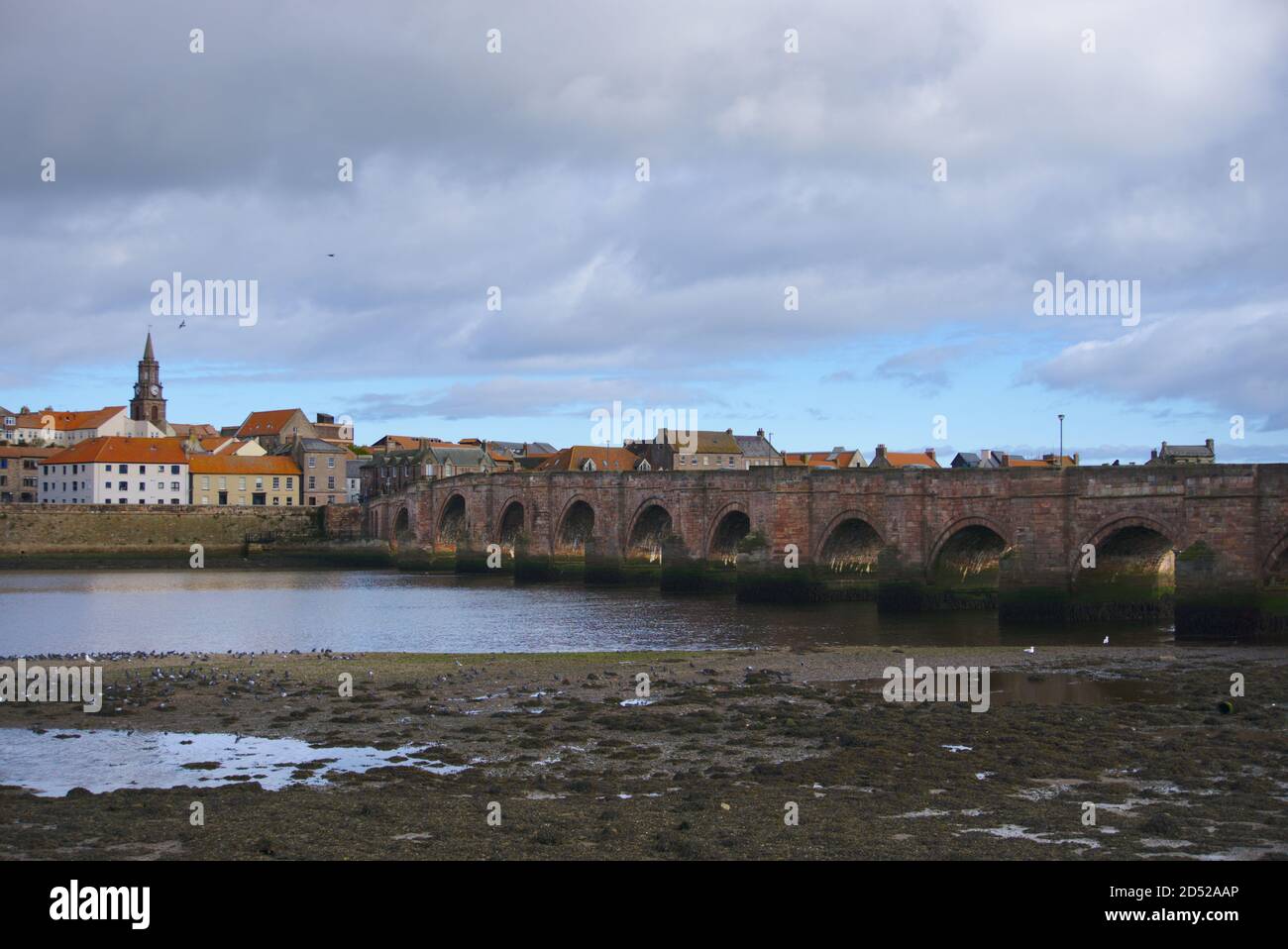 Town hall, Berwick Bridge (or Old Bridge) and houses in Berwick-upon ...