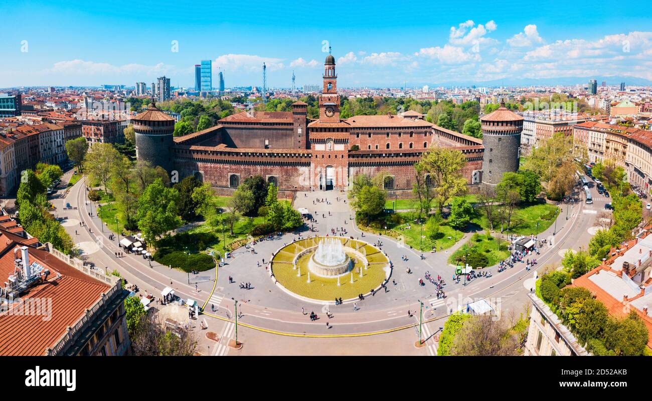 Sforza Castle or Castello Sforzesco aerial panoramic view. Sforza ...