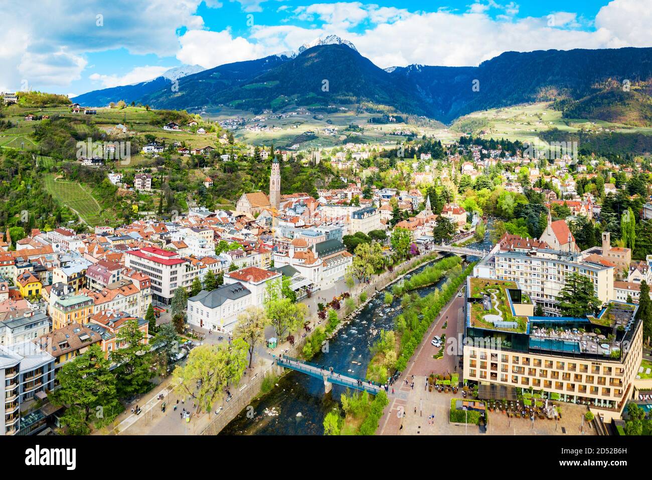 Merano city centre aerial panoramic view. Merano or Meran is a town in ...