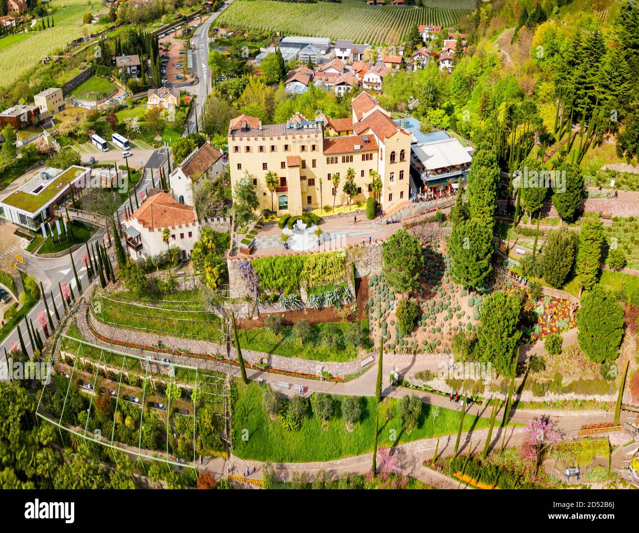 Aerial view of the Trauttmansdorff Castle Gardens, a botanical gardens ...