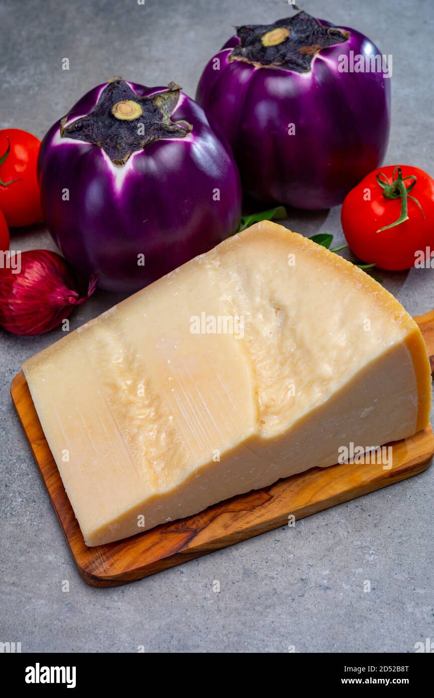 Ingredients for Italian dish made from fresh eggplant, parmesan cheese ...