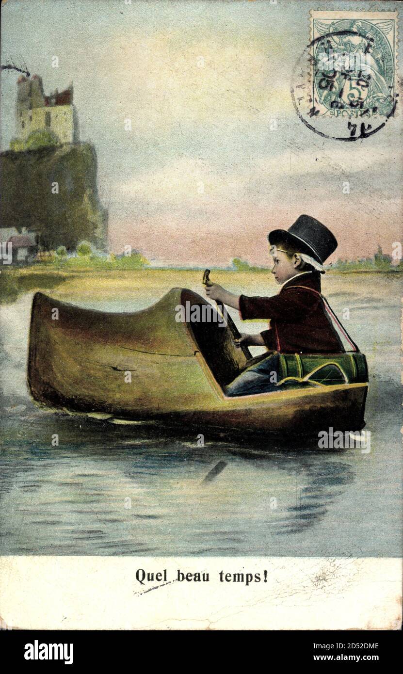 Quel beau temps, Junge mit Zylinder in Holzschuh auf Wasser | usage ...