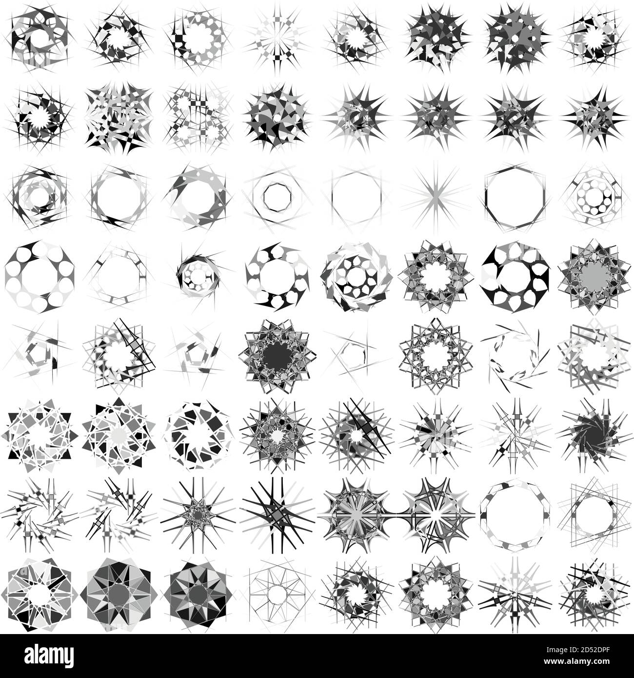Set of different type abstract gem, crystal shapes. Circular, radial ...