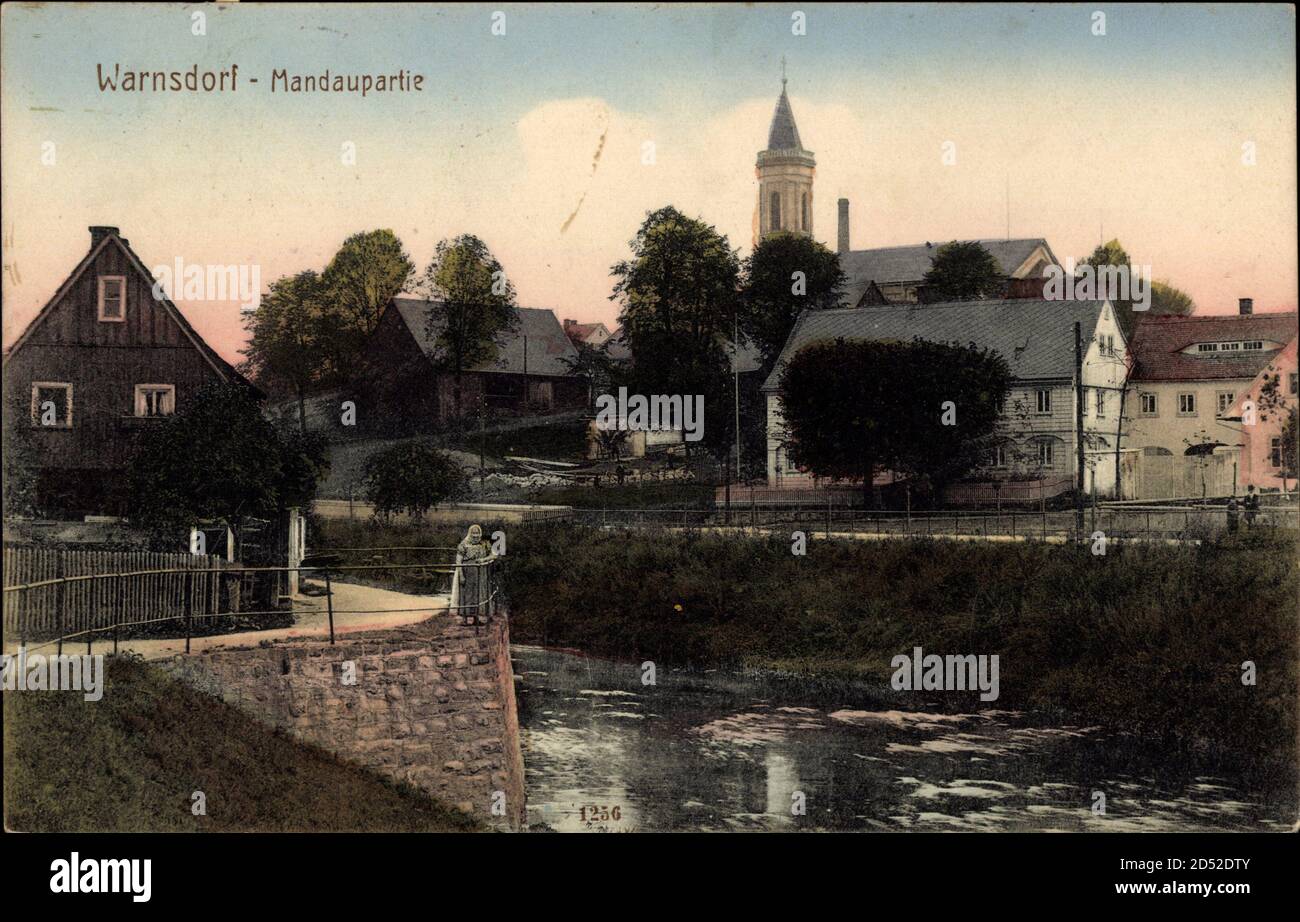 Warnsdorf Böhmen Region Aussig, Mandaupartie mit Blick zum Kirchturm ...
