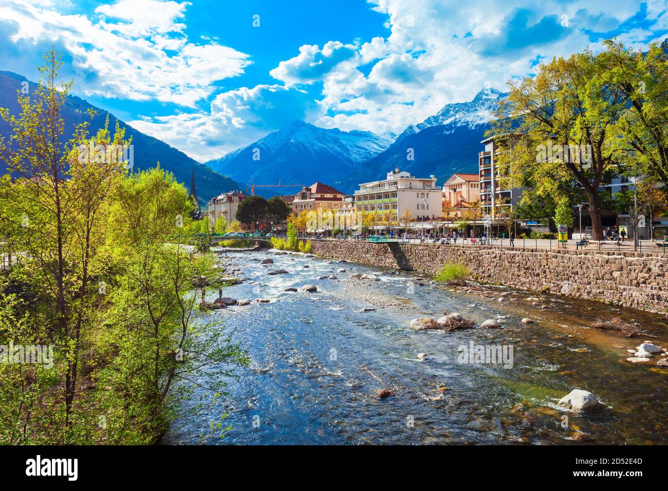 River in Merano city centre view. Merano or Meran is a town in South ...