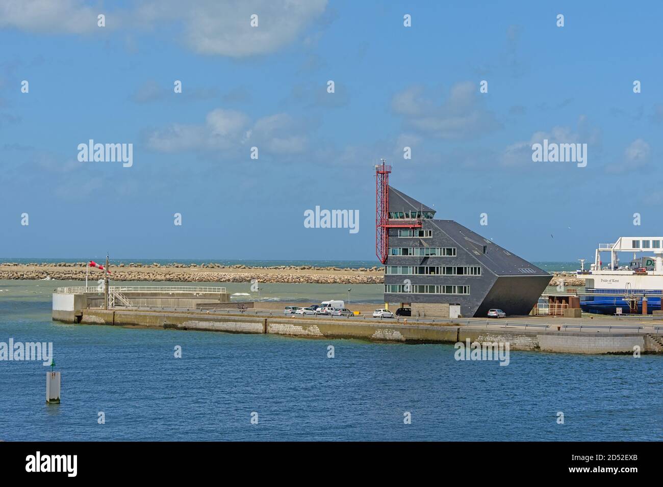 Modern terminal building, docks, quays and pier in the harbor of Calais ...