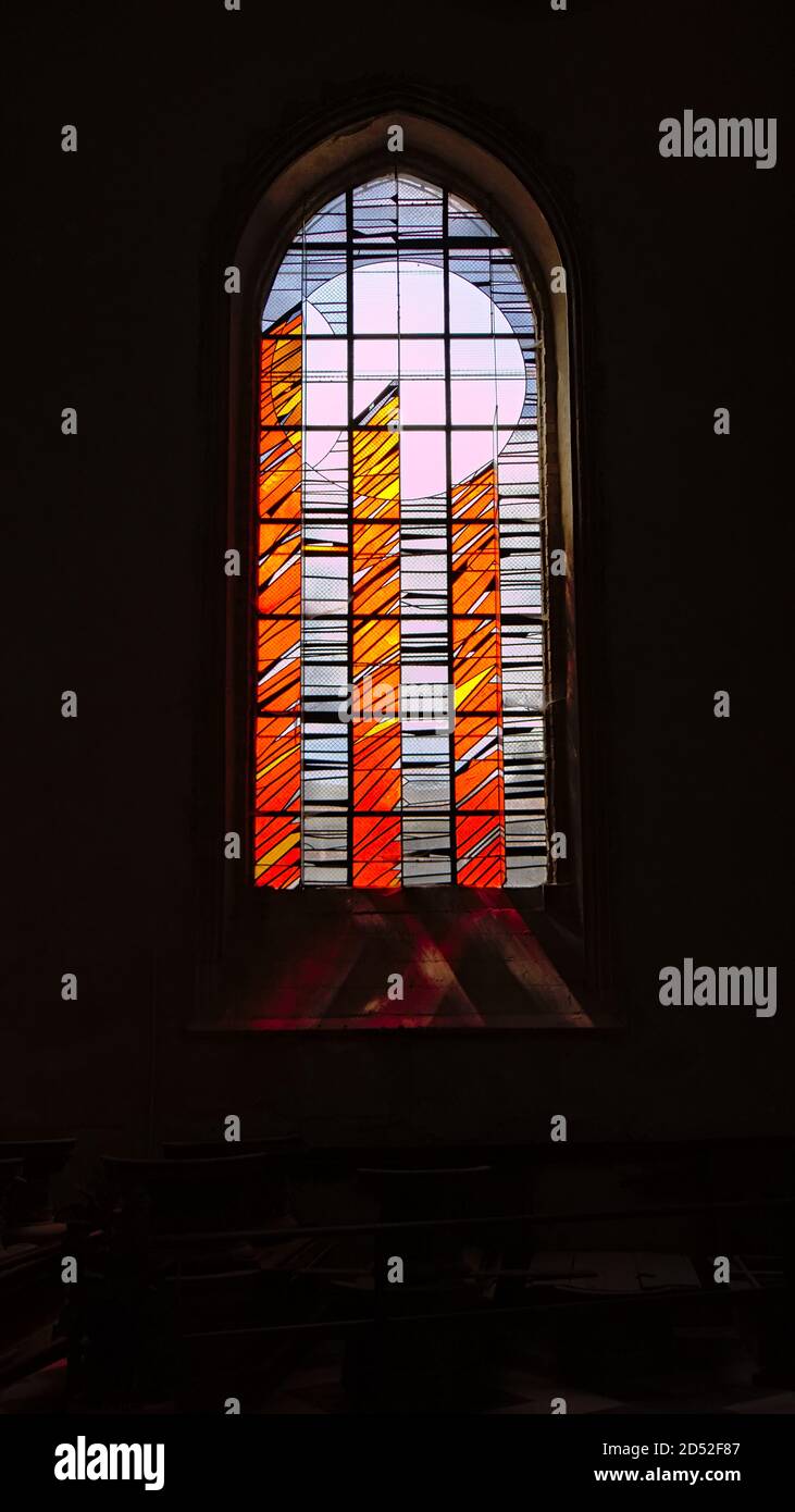 Modern stained glass window of the Church of Our Lady or Eglise Notre ...