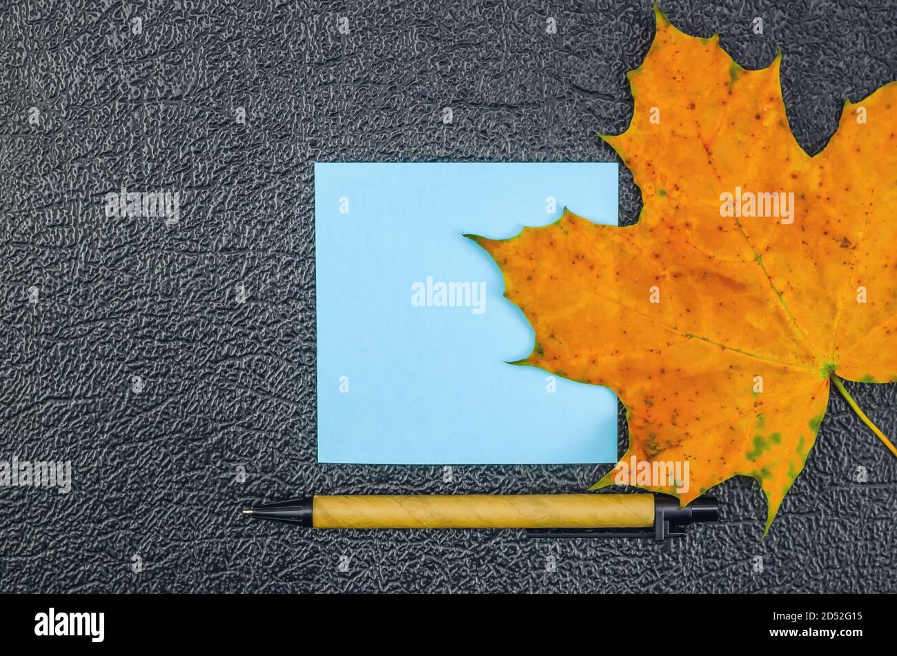 Blue note sheet with maple leaf and pen on a dark background with space ...