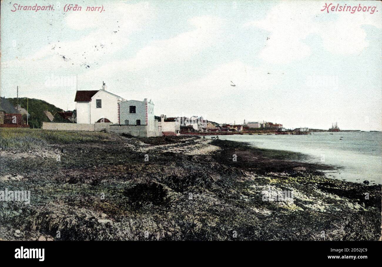 Helsingborg Schweden, Strandpartie mit Ortschaft im Hintergrund | usage ...