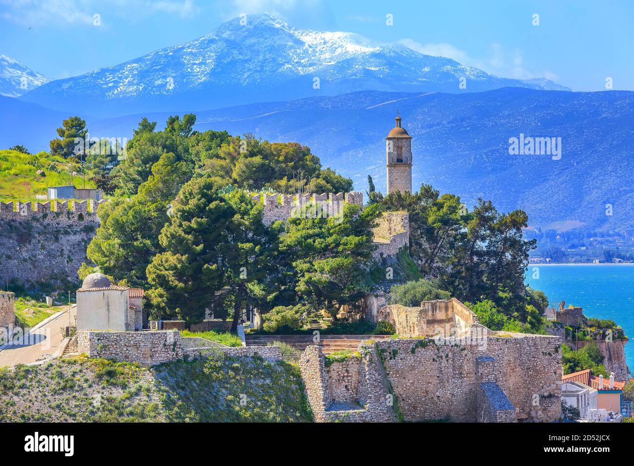 Nafplio or Nafplion, Greece, Peloponnese church on the hill, old town ...