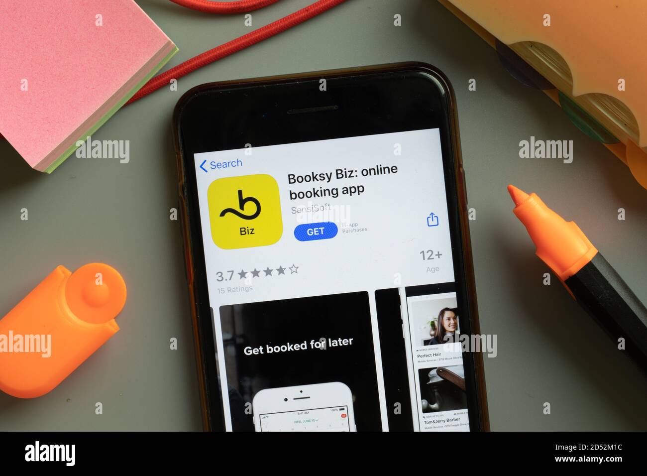 New York, USA - 29 September 2020: Booksy Biz mobile app logo on phone ...