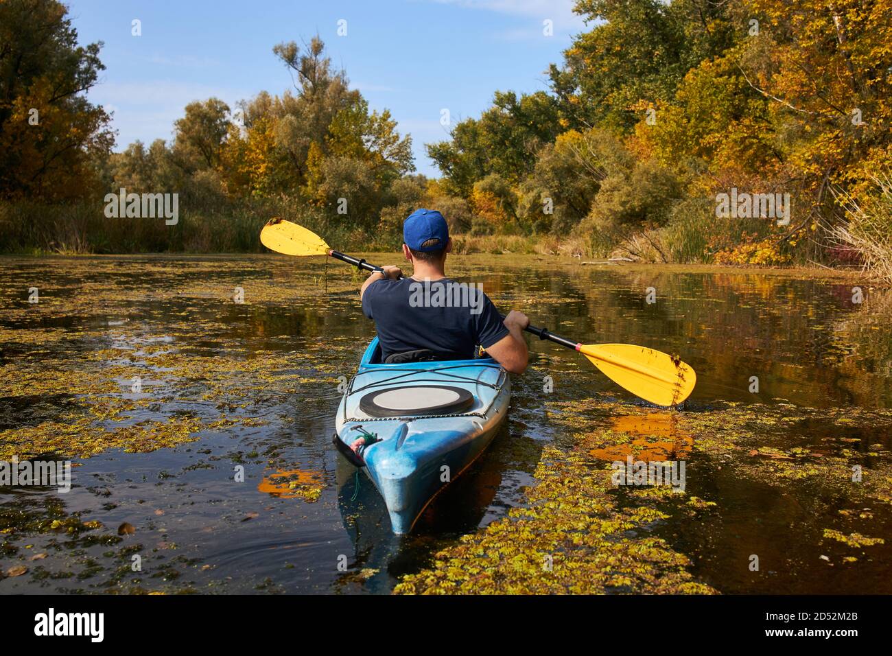 Man kayaking on lake in autumn, back view. Active tourism Stock Photo ...