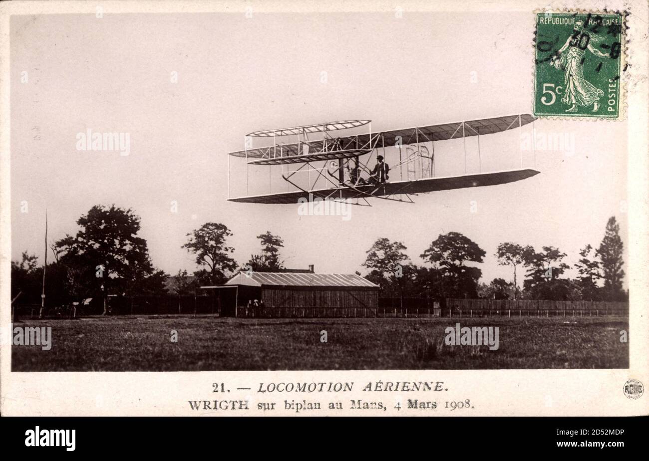 Locomotion Aérienne, Wilbur Wright sur biplan au Mans, 04 Mars 1908 | usage worldwide Stock ...
