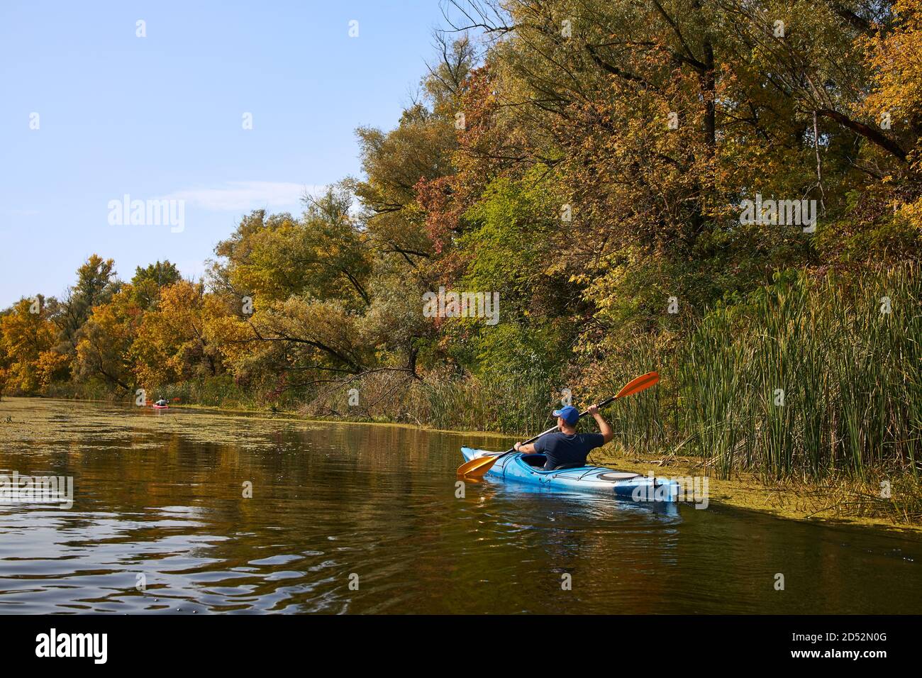 Man kayaking on lake in autumn. Active tourism Stock Photo - Alamy