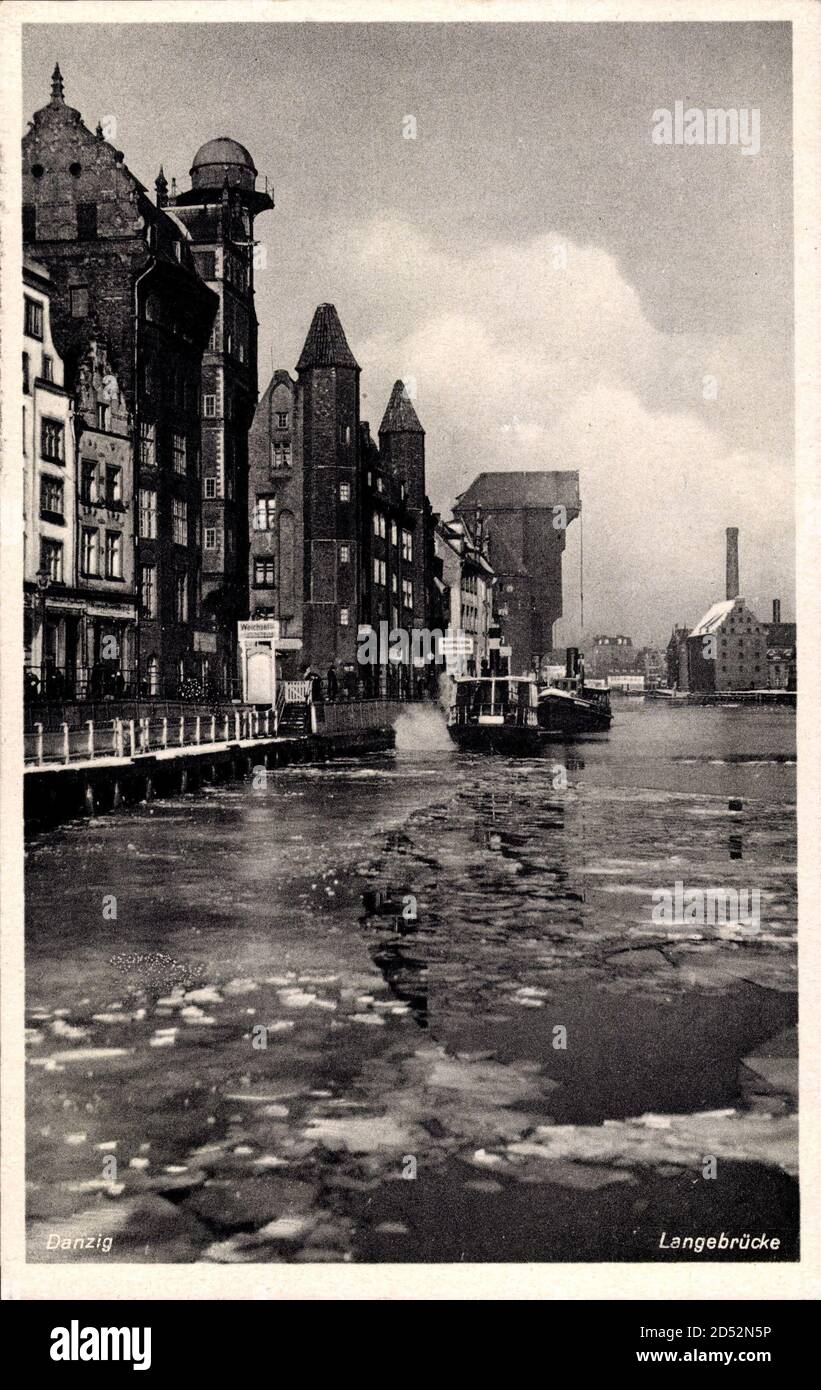 Gda?sk Danzig, Langebrücke, Dampfschiffe, Schornsteine, Krantor ...