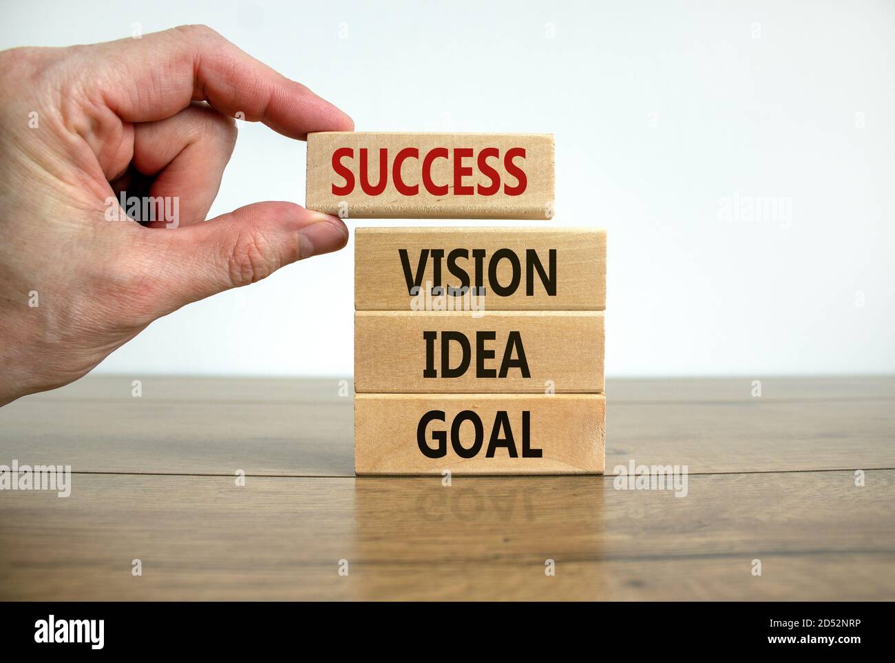 Wooden blocks form the words 'goal, idea, vision, success' on wooden ...