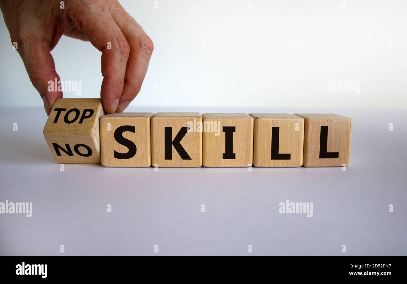 Hand flips a cube and changes the words 'no skill' to 'top skill ...