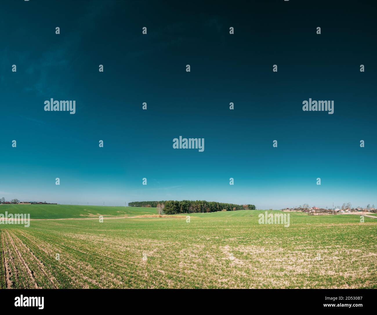 Countryside Rural Field Landscape Under Clear Sunny Spring Blue Sky ...