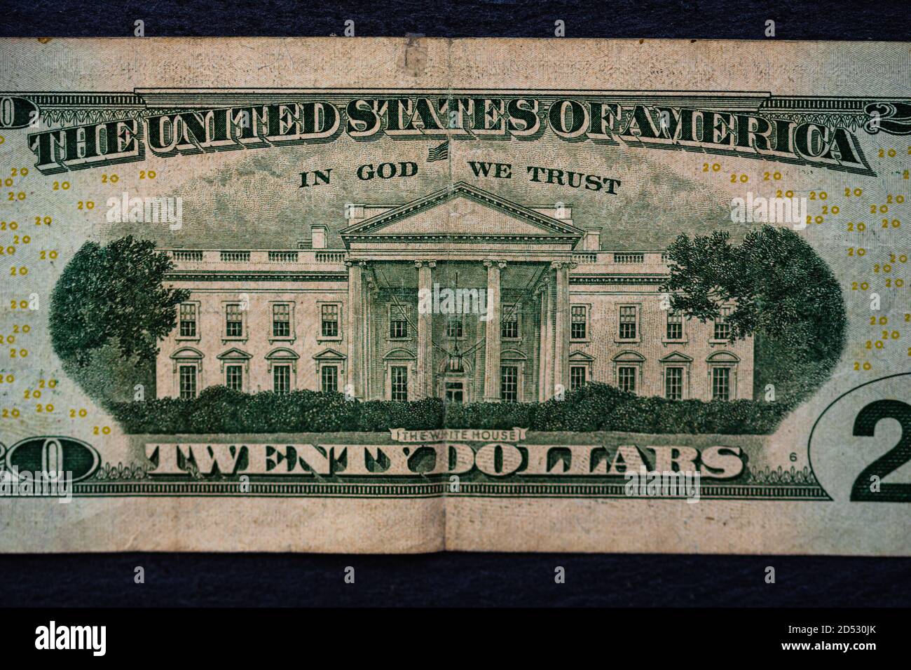 Selective focus on detail of 20 dollars banknote. Close up macro detail ...