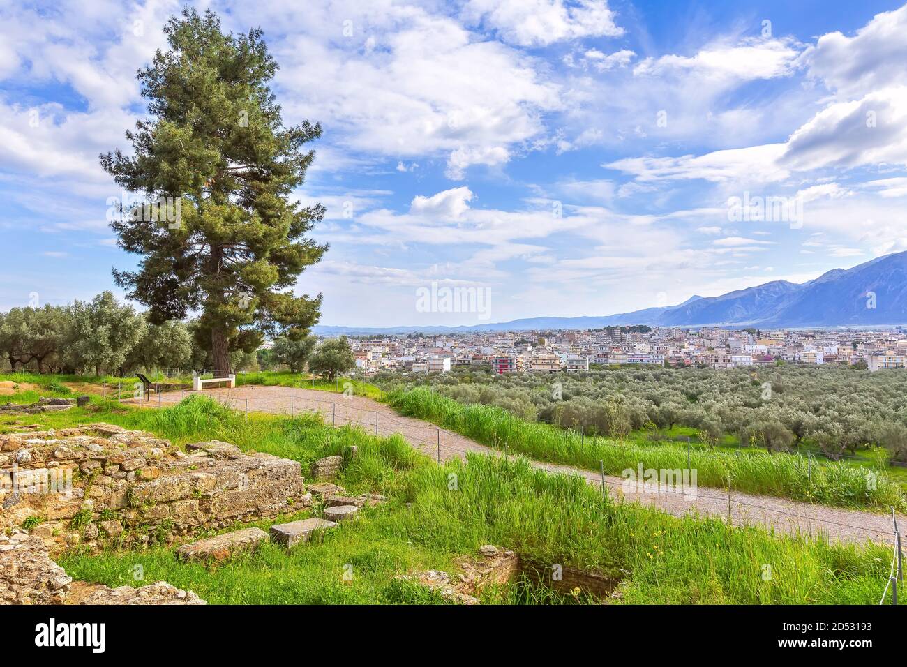 Aerial panoramic view of Sparta city with Taygetus mountains and ...