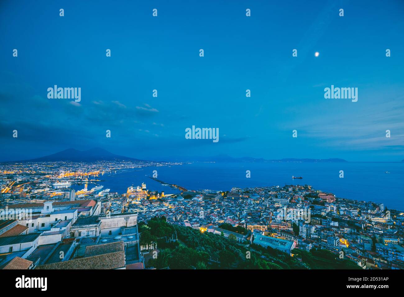 Naples, Italy. Skyline Cityscape In Evening Lighting. Tyrrhenian Sea ...