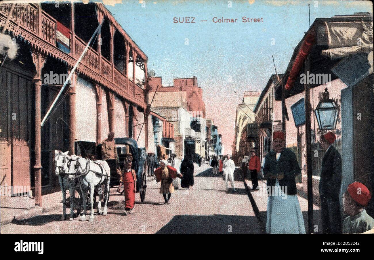 Suez Ägypten, Colmar Street, Straßenpartie, Kutsche, Passanten, Fahne ...