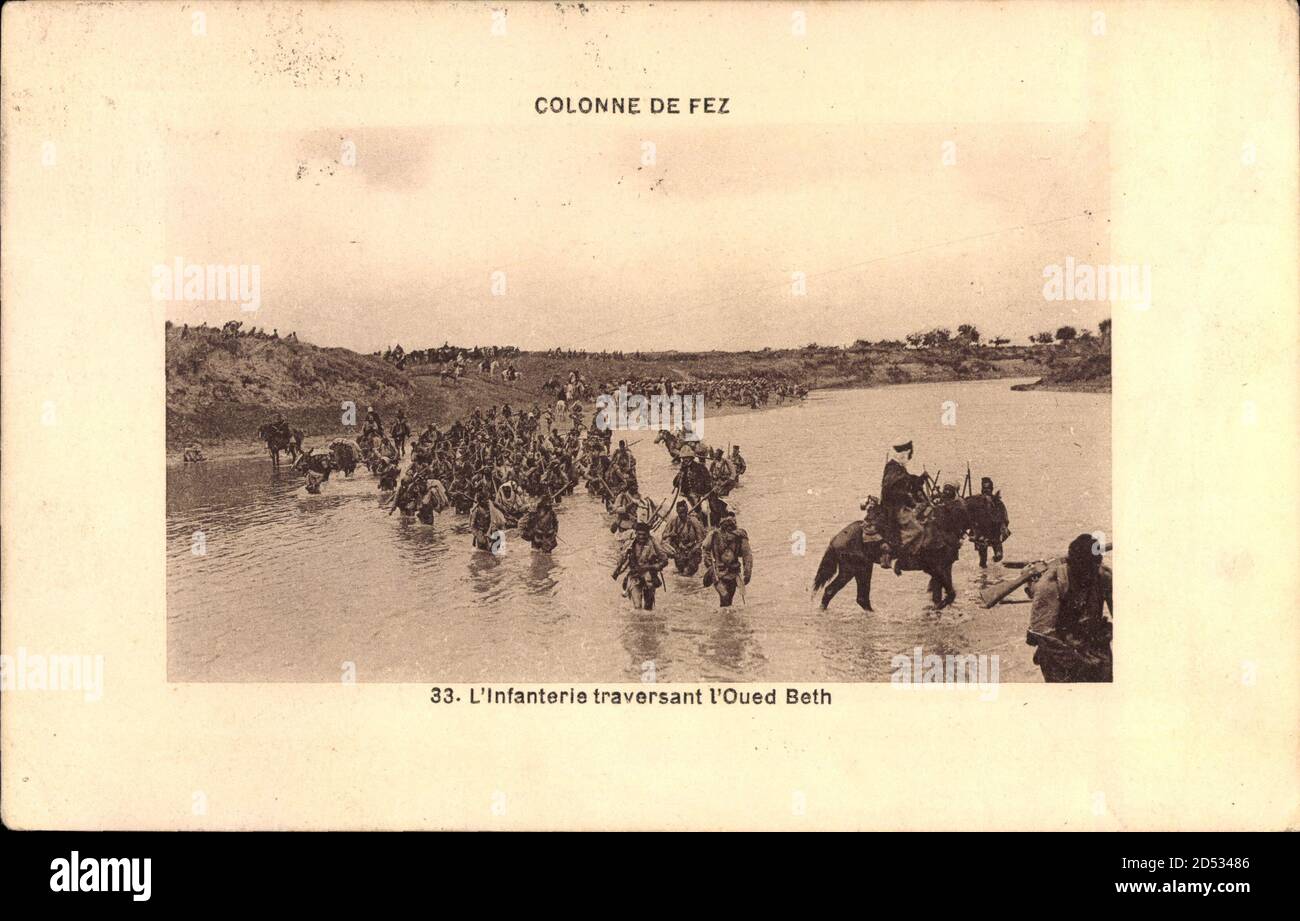 Fès Fez Marokko, L'Infanterie traversant l'Oued Beth, Reiter, Soldaten ...