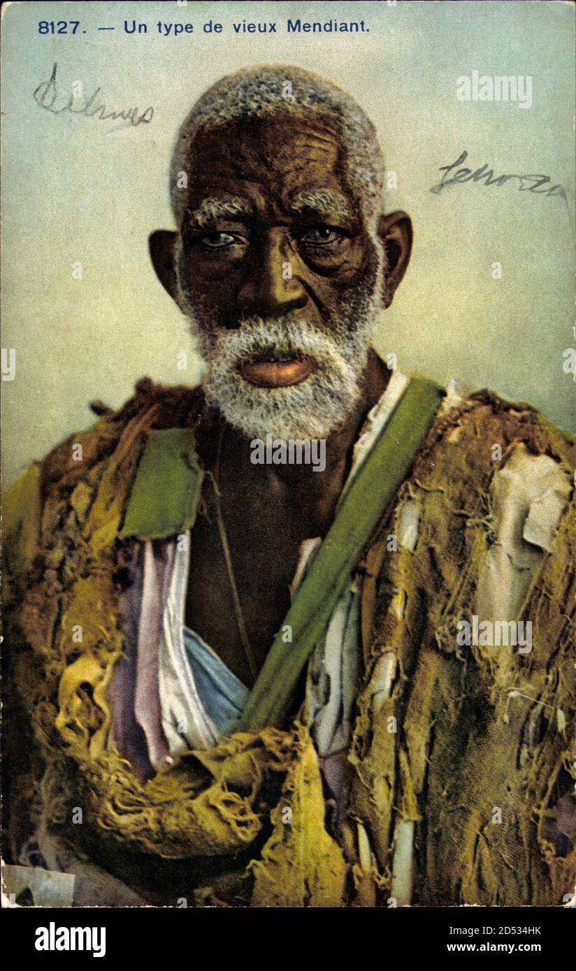 Un type de vieux Mendiant, Portrait eines bärtigen Bettlers, Maghreb ...