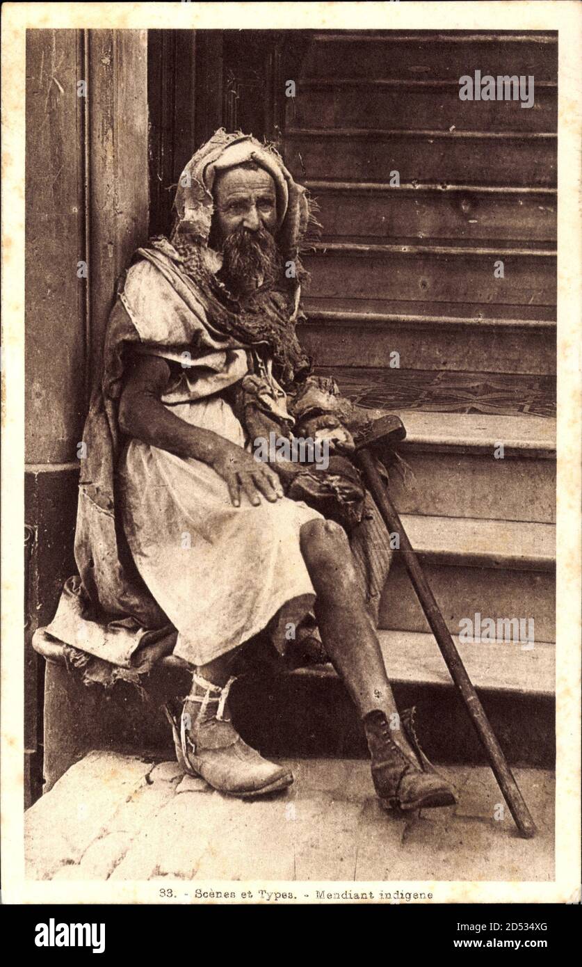 Scenes et Types, Mendiant indigenes, Portrait von einem Bettler ...