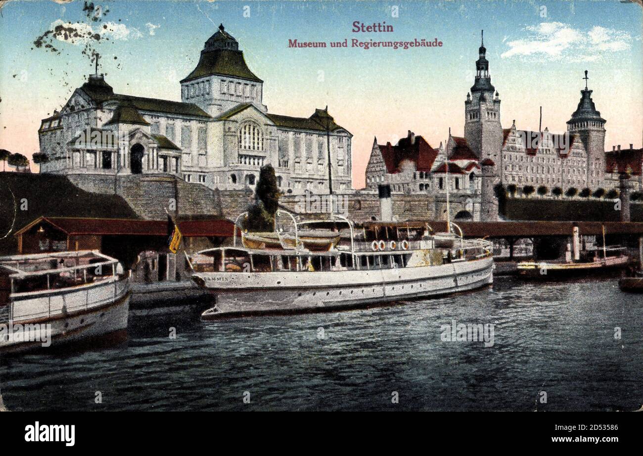 Szczecin Stettin Pommern, Dampfer Cammin, Museum und Regierungsgebäude ...