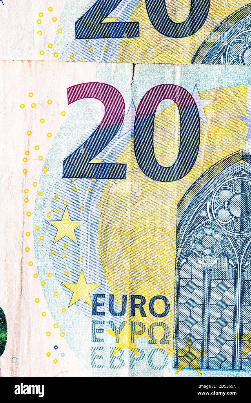 Selective focus on detail of euro banknotes. Close up macro detail of ...