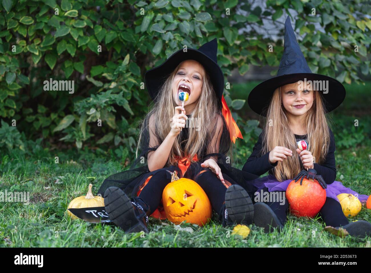 Two funny little girls in witch costumes eating Halloween candy Stock ...