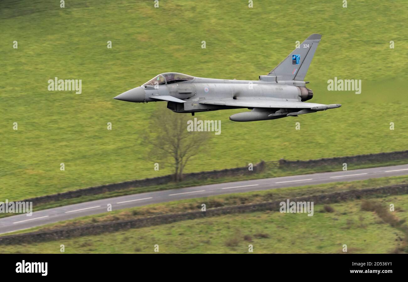 RAF Typhoon ZK324 from RAF Lossiemouth flying low level avove Thirlmere ...