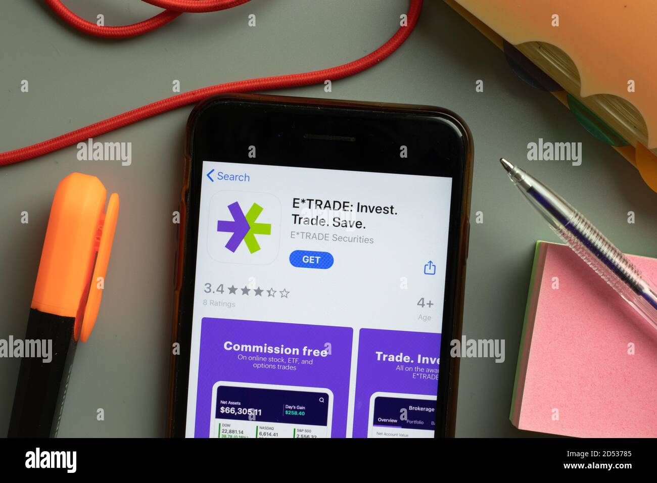 New York, USA - 29 September 2020: ETrade Invest Trade Save mobile app ...