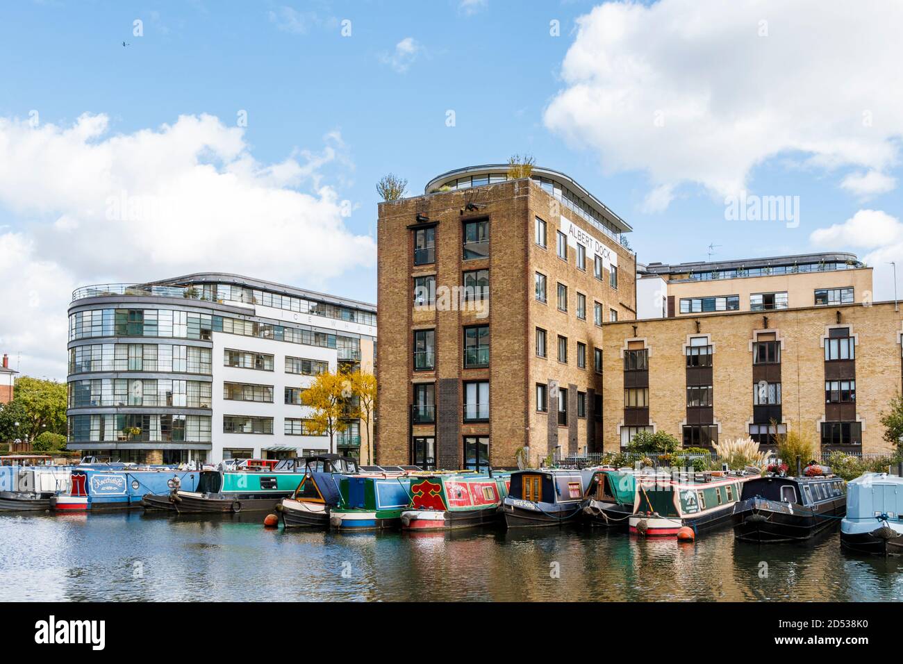 Ice Wharf and Albert Dock in the Battlebridge Basin of Regent's Canal, King's Cross, London, UK ...