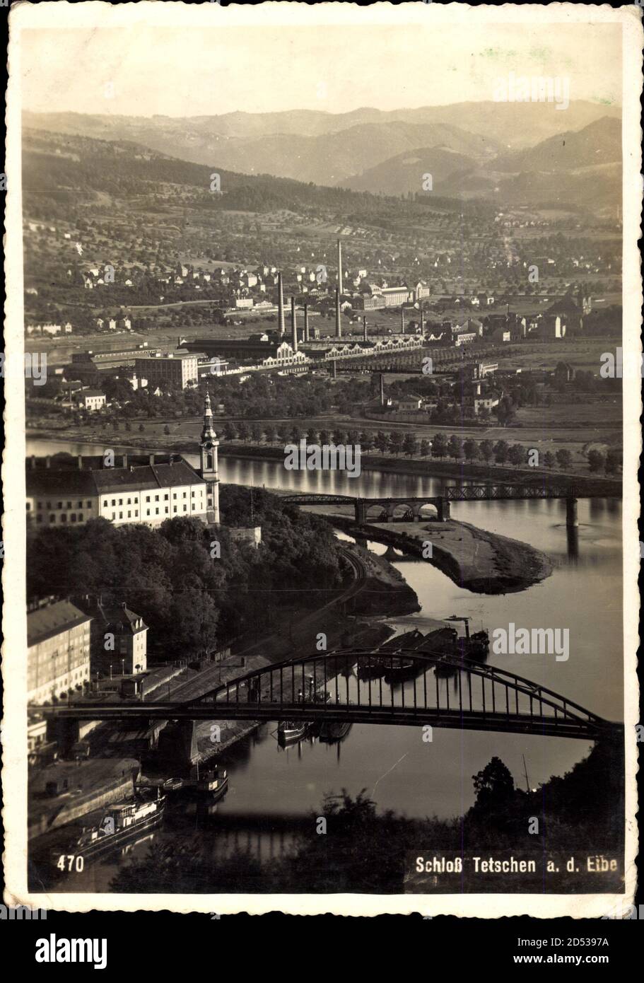 D??ín Tetschen Bodenbach Elbe Reg. Aussig, Schloss, Fluss, Brücke ...