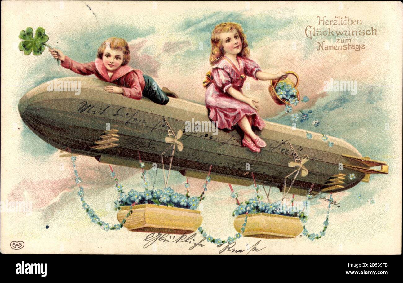 Glückwunsch Namenstag, Kinder auf Zeppelin, Blumen, Kleeblatt, EAS ...