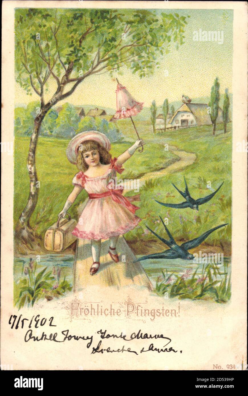 Glückwunsch Pfingsten, Mädchen mit Koffer,Sonnenschirm, Schwalben ...