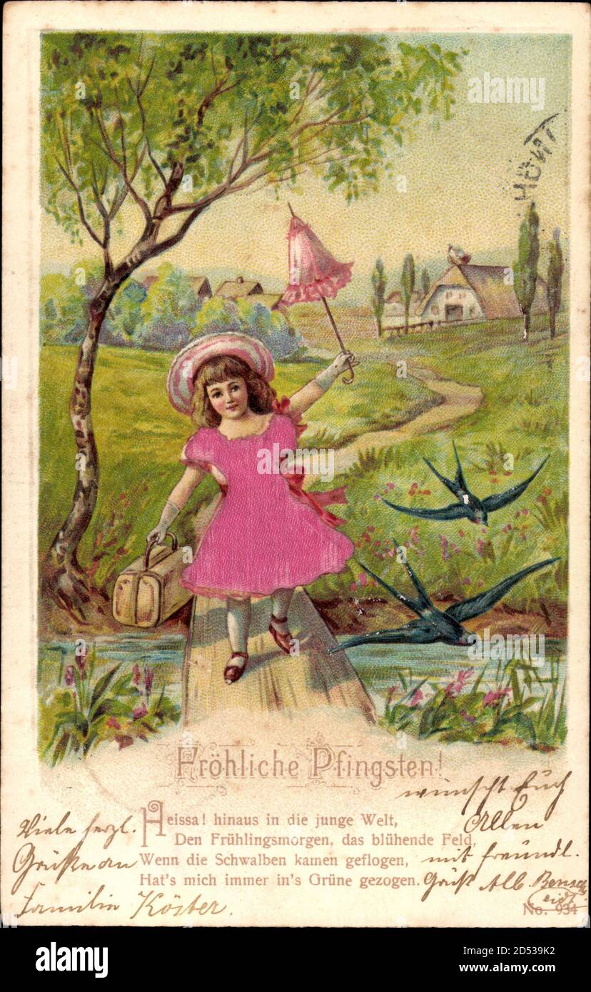 Glückwunsch Pfingsten, Mädchen, Holzplanke, Schirm, Schwalben | usage ...