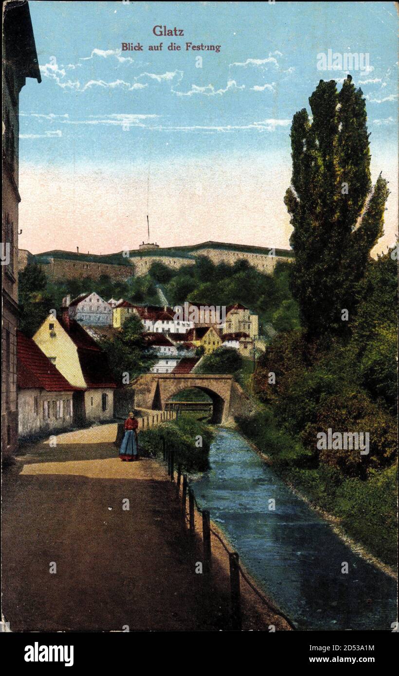K?odzko Glatz Schlesien, Blick auf die Festung, Flusspartie, Brücke ...